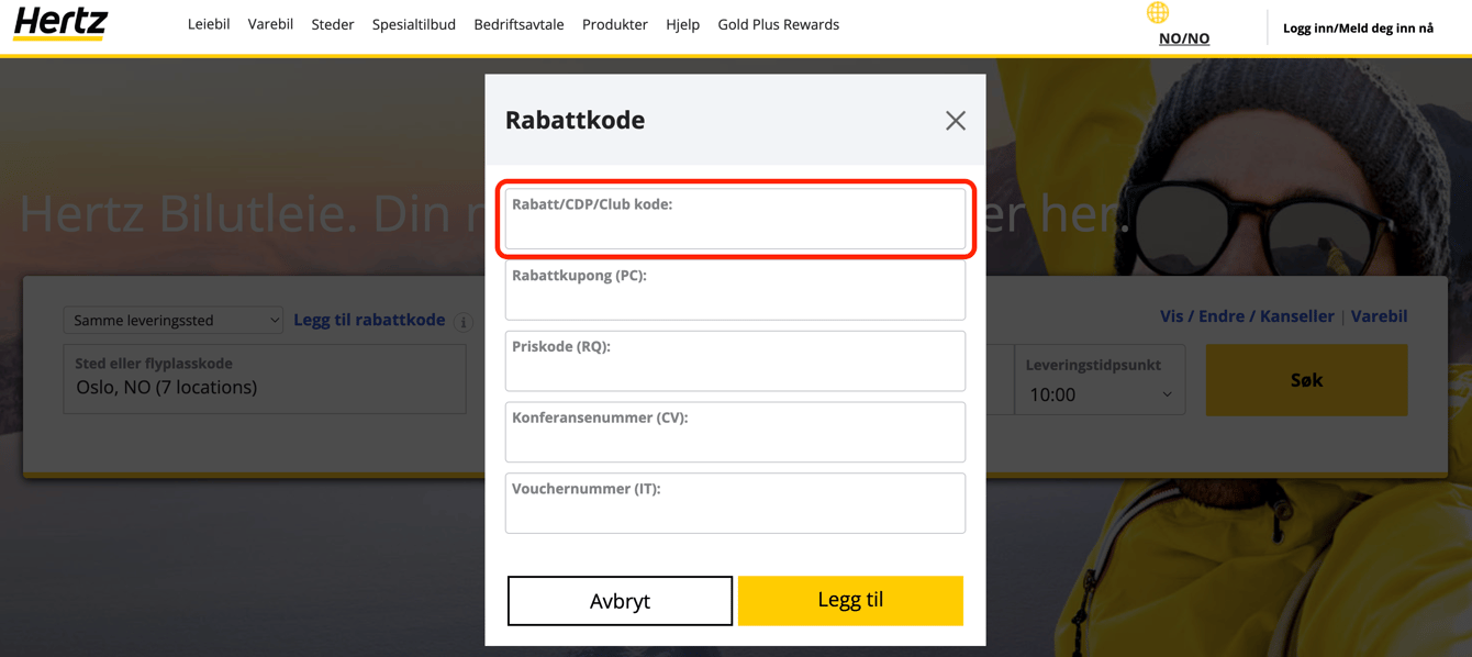 Hvordan bruker du rabattkoden (CDP koden) på Hertz?